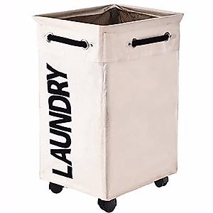 Haundry 86L Large Collapsible Laundry Hamper with Wheels, Rolling Large Clothes Hamper Basket, Wheeled Dirty Clothes Storage Bin, Beige