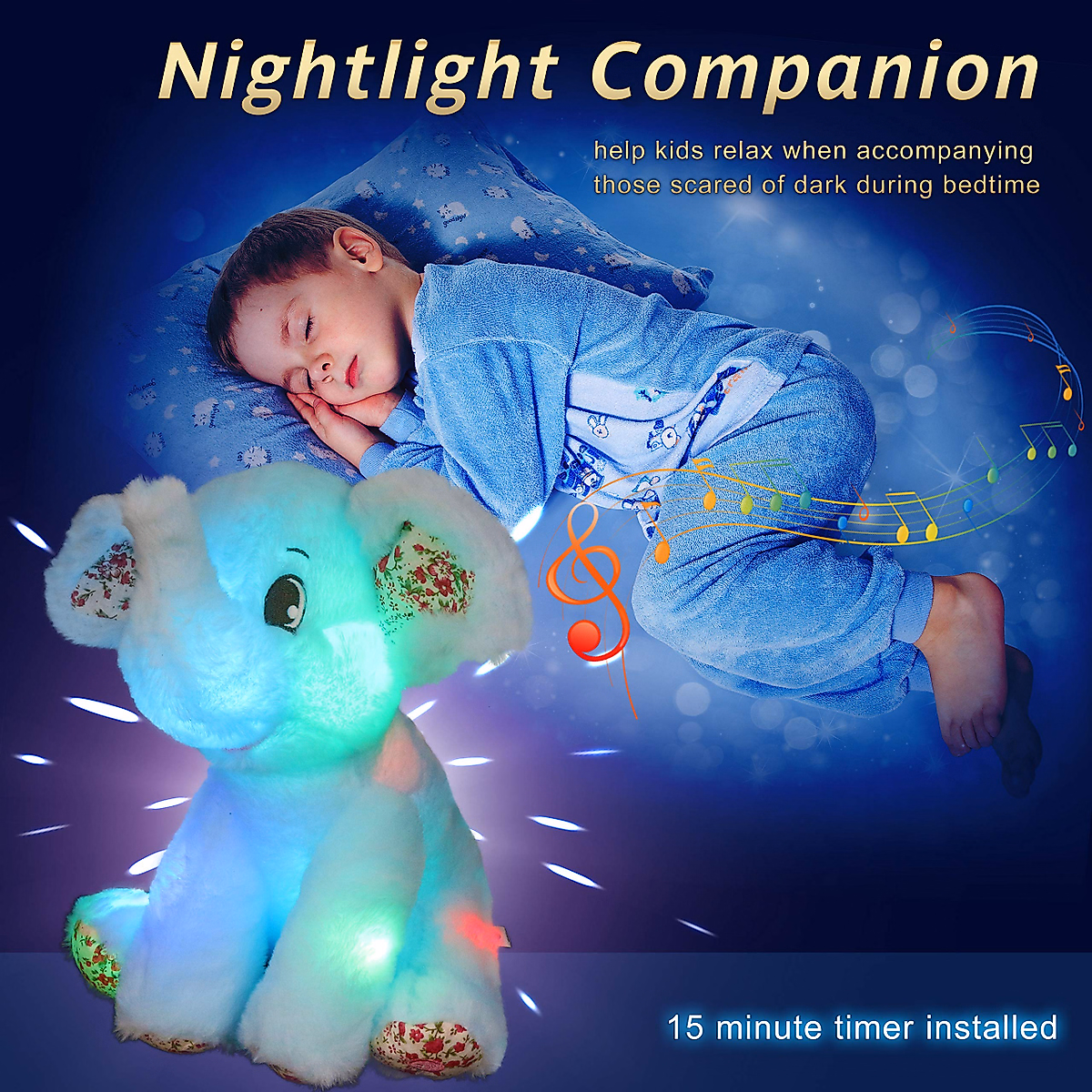 BSTAOFY 12‘’ Musical Light Up Elephant Plush Toy Floppy LED Stuffed Animals Lullabies Nightlight Bedtime for Kids Birthday Valentines for Toddlers, Blue