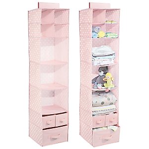 mDesign Fabric Hanging Organizer - Over Closet Rod Storage, 7 Shelves/3 Removable Drawers for Baby Nursery Bedroom Organization - Hold Clothes, Linens, Toys, Accessories, 2 Pack, Pink/White Polka Dot