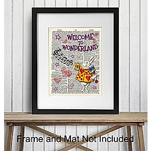 Alice Wonderland Art Print - White Rabbit Upcycled Dictionary Wall Art Poster for Nursery, Kids, Boys, Girls Room - Great Baby Shower Gift - 8x10 Unframed Photo