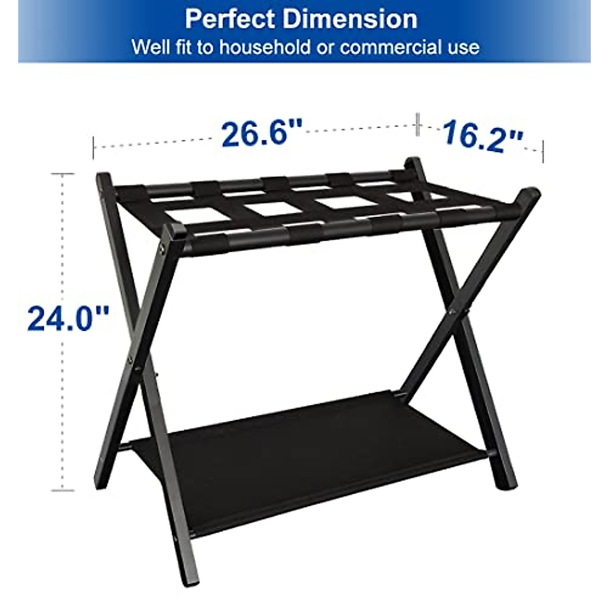 Queension Folding Luggage Rack Stand with Shelf for Guest Room, Foldable Metal Suitcase Storage Caddy Holder for Bedroom Hotel Essentials, Black, 1pack