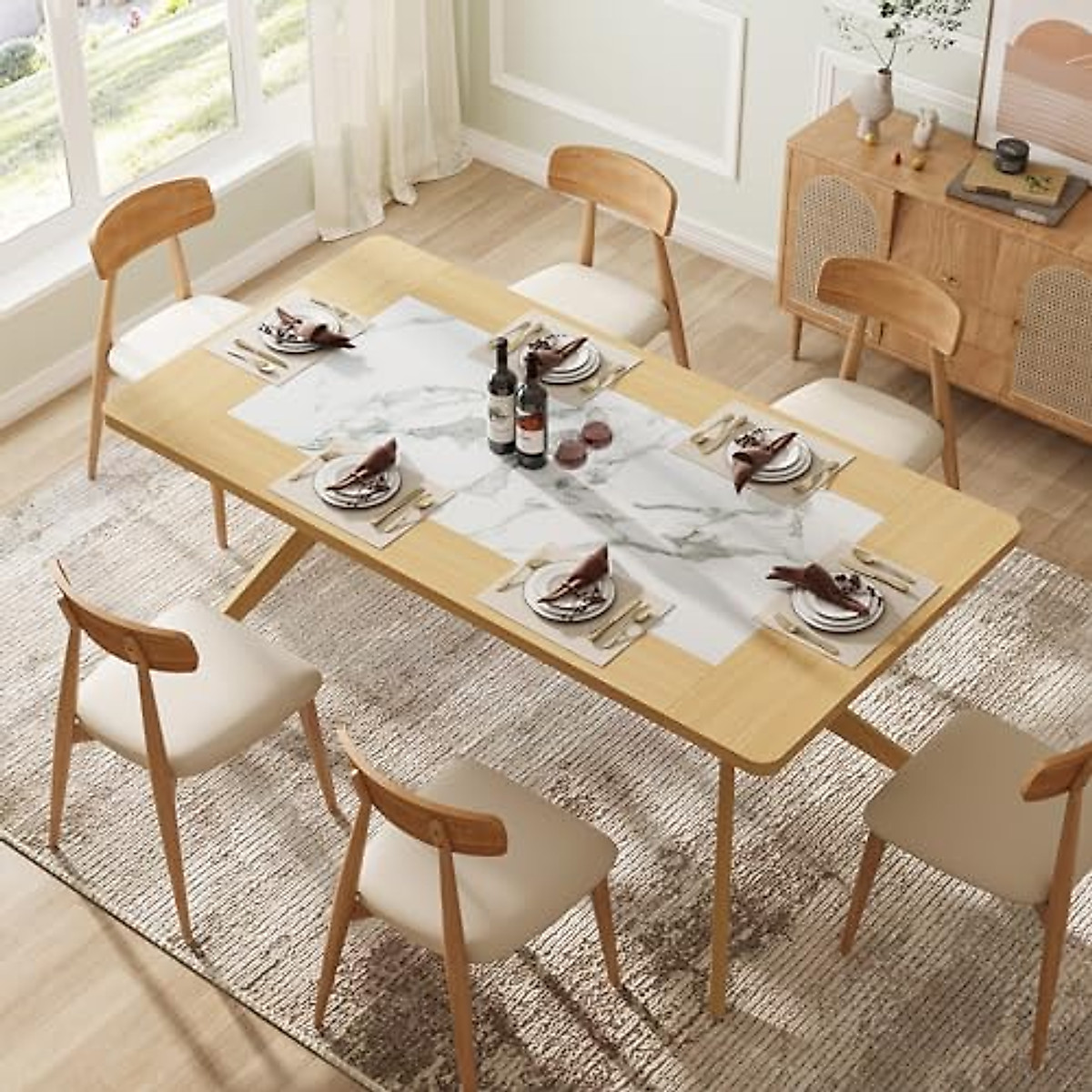 Tribesigns 63-inch Dining Table for 6, Modern Rectangular Dinner Table, Large Kitchen Table with X-Shaped Solid Wood Legs and Faux Marble Tabletop, for Dining Room, Kitchen (Oak and White Marble)