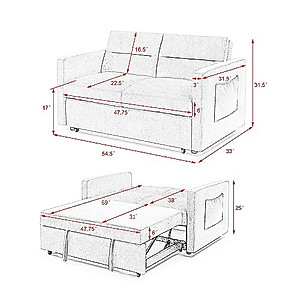 Verfur 3 in 1 Pull Out Couch Bed Sleeper Sofa,Modern Upholstered Loveseat Lounge Sofa & Couches w/Reclining Backrest, Convertible Futon Love Seat Small Furniture for Living Room