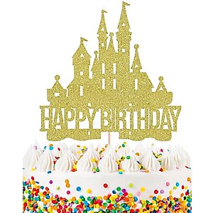 MYAMPED Castle Birthday Cake Topper - Double-Sided Gold Glitter Castle Themed Birthday Cake Decoration Supplies - Princess/Prince Birthday Cake Bunting Decor, Photo Booth Props