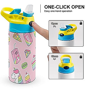 Water Bottle With Straw Pink Unicorns Insulated Stainless Steel Vacuum Cup 500Ml For School 7.5x2.7 in