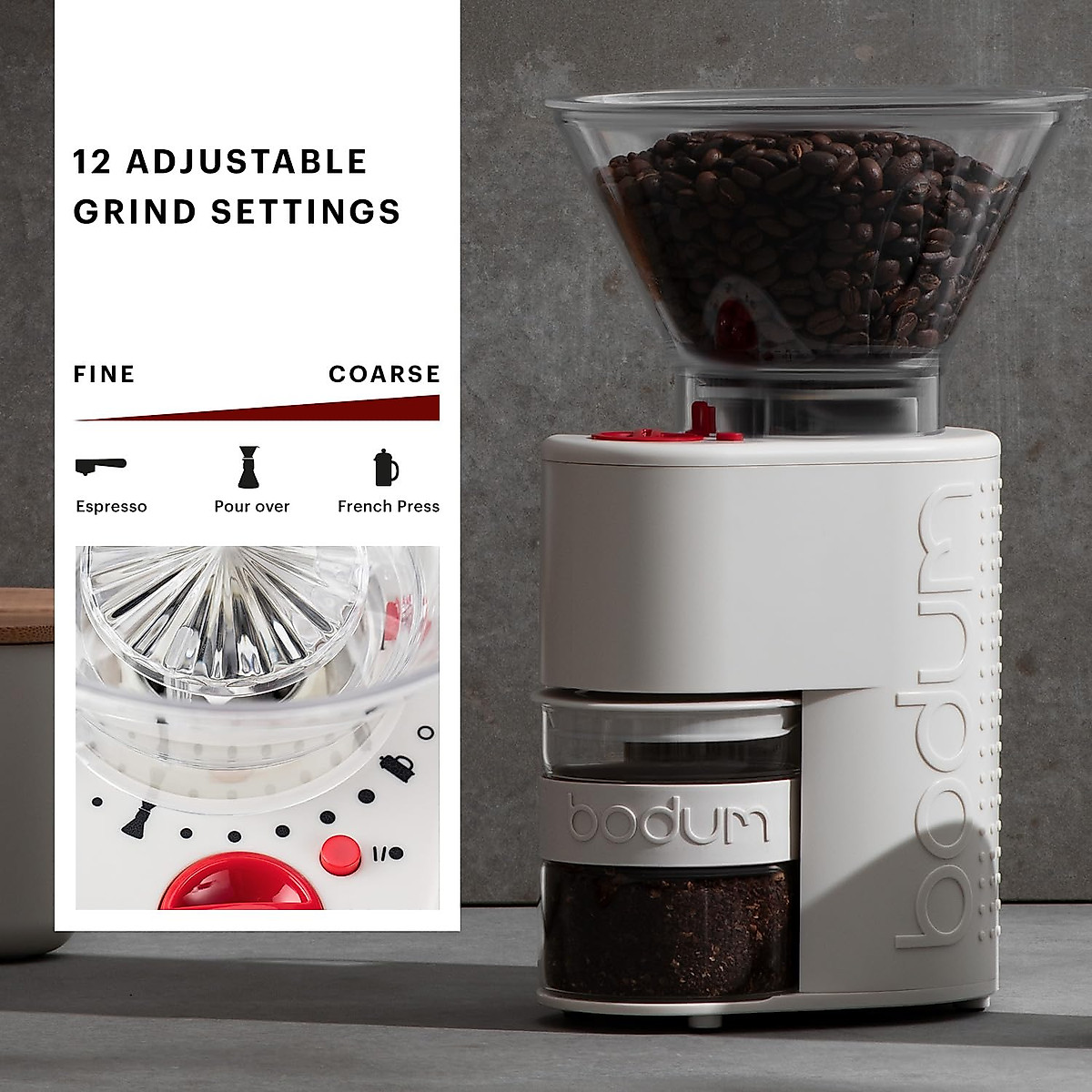 Bodum Bistro Electric Conical Burr Coffee Grinder, Preset Timer, 12 Grind Settings, White