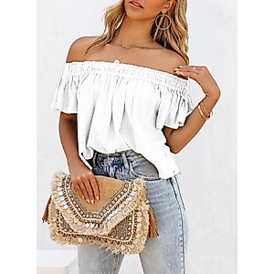 Dokotoo Women's Sexy Off The Shoulder Tops Summer Fashion 2024 Solid Cotton Flowy Crop Tops Shirred Neck Ruffle Sleeve Blouses for Work Out XX-Large White
