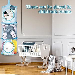 Fuyamp 2Pcs 75 * 26cm Stuffed Animal Storage Mesh Foldable Stuffed Animals Organizer Net or Hammock, 3 Compartments Hanging Mesh Toy Storage Basket for Kids Girls Boys Room Bathroom (Blue)