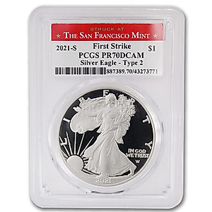 2021 S 1 oz Proof American Silver Eagle PR-70 Deep Cameo (PR70DCAM - Type 2 - First Strike - Struck at The San Francisco Mint) $1 Mint State PCGS