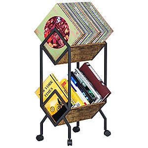 Giikin 2-Tier Vinyl Record Storage Holder, Holds up to 160-200 LPs, Mobile Metal and Wooden Vinyl Record Organizer Stand with Casters, Storage, Protects Vinyl - Organize Albums - Book, Magazine, Files