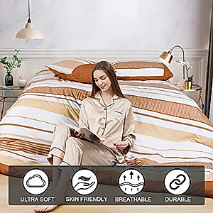 PHF Washed Soft Duvet Cover Set King Size, 3PCS Stylish Stripe Comforter Cover Set, Ultra Soft Comfy Durable Farmhouse Duvet Cover with Pillow Shams Bedding Collection, 104" x 90", Brick Red & White