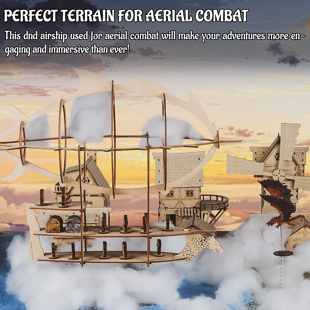 3D Airship Model Wood Laser Cut Hot Air Balloon with 1" Grids Fantasy Aerial Combat Terrain Map for D&D, Pathfinder, Warhammer and Other Tabletop RPG