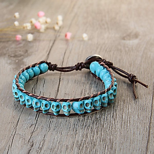 KELITCH New Turquoise Bracelets Skull Beaded Wrap Bracelet on Brown Leather Bracelets Handmade Jewelry