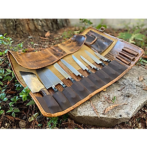 Knife Bag Knife Roll - Case for Knives - SharpStyle: Genuine Leather Chef Knife Roll - Beautifully Holds 10 Knives + Utility Pockets - Includes Leather Carry Handle and Strap - Large.