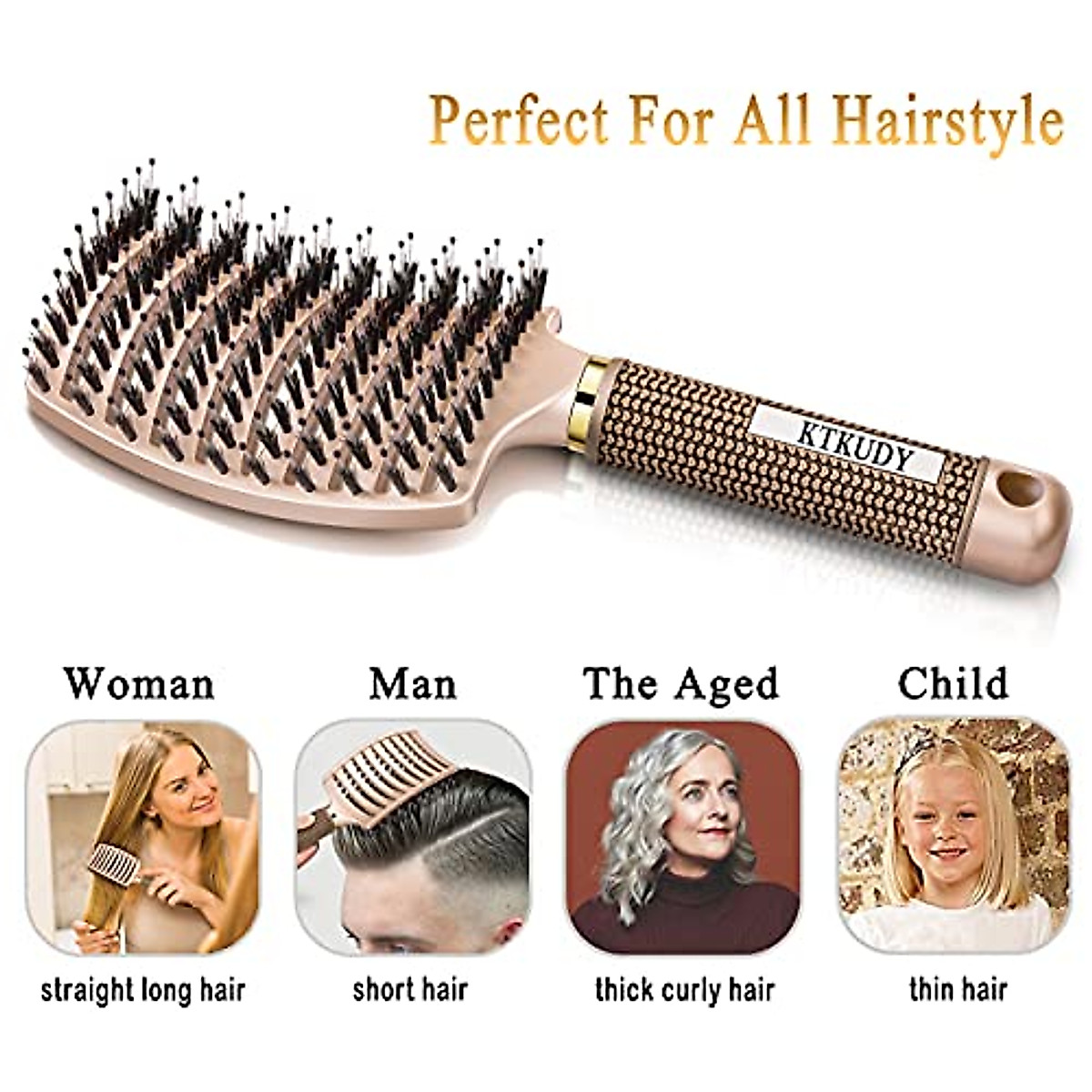 KTKUDY Detangling Brush Getting Knots Out without Pain - Boar Bristles Hair Brush Make Hair Shiny & Healthier Vented Detangler Brush for Women Men Kids Wet and Dry Hair (Gold)