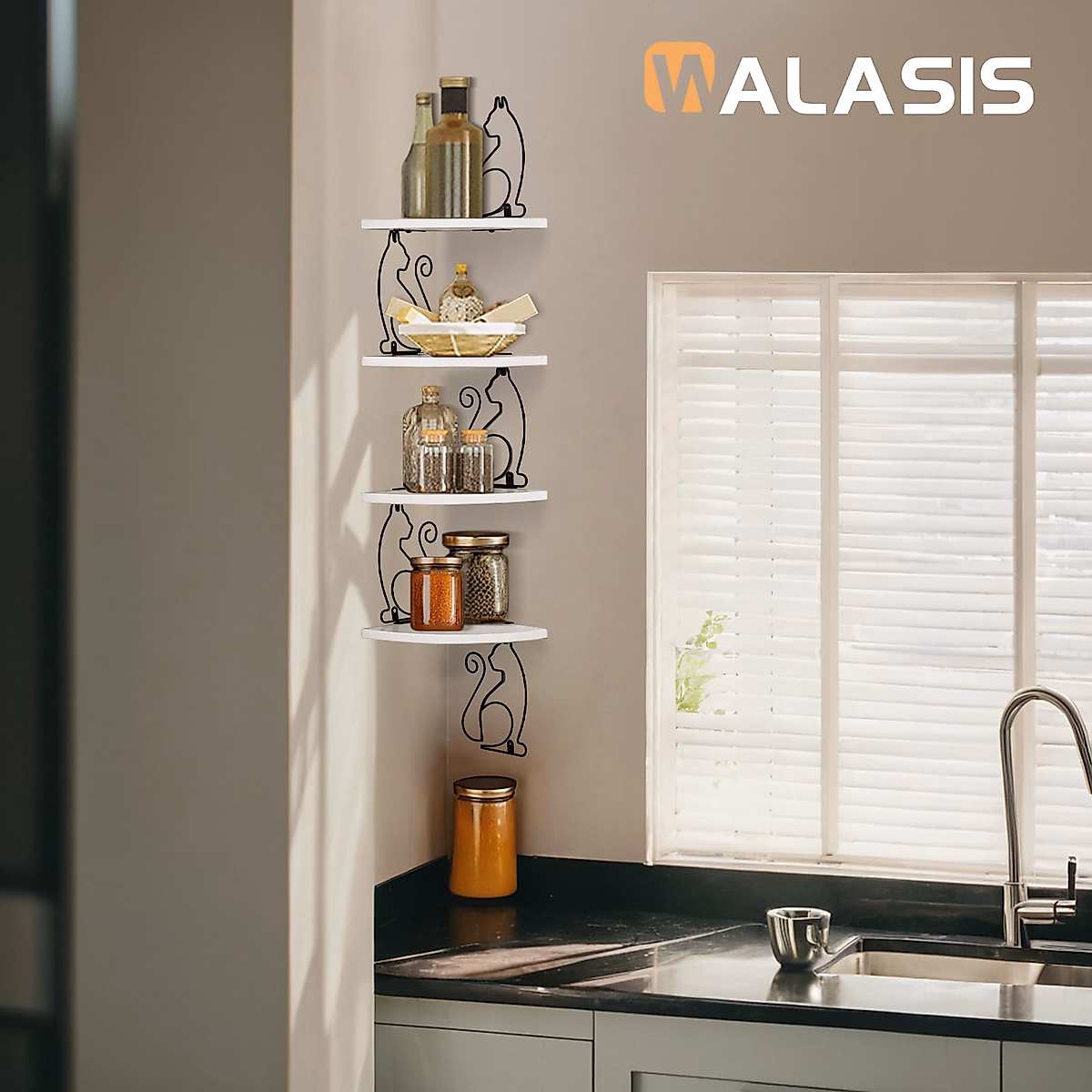 Walasis Corner Floating Shelves 4-Tier- Cute Wall Corner Shelves for Storage Wood Wire Cat Decorations for Bedroom