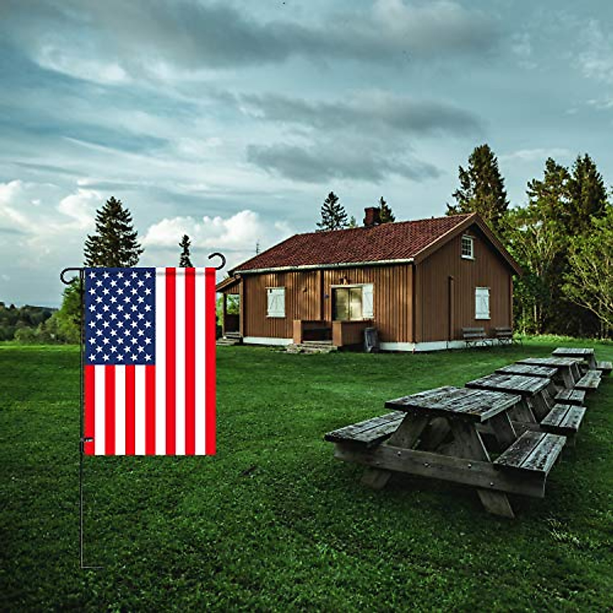 HOOSUN Garden Flag Stand Holder Pole Easy to Install Strong Sturdy wrought iron Fits 12.5" x 18" Mini Flag with 1 Tiger Clip Curved hook with S type (1)