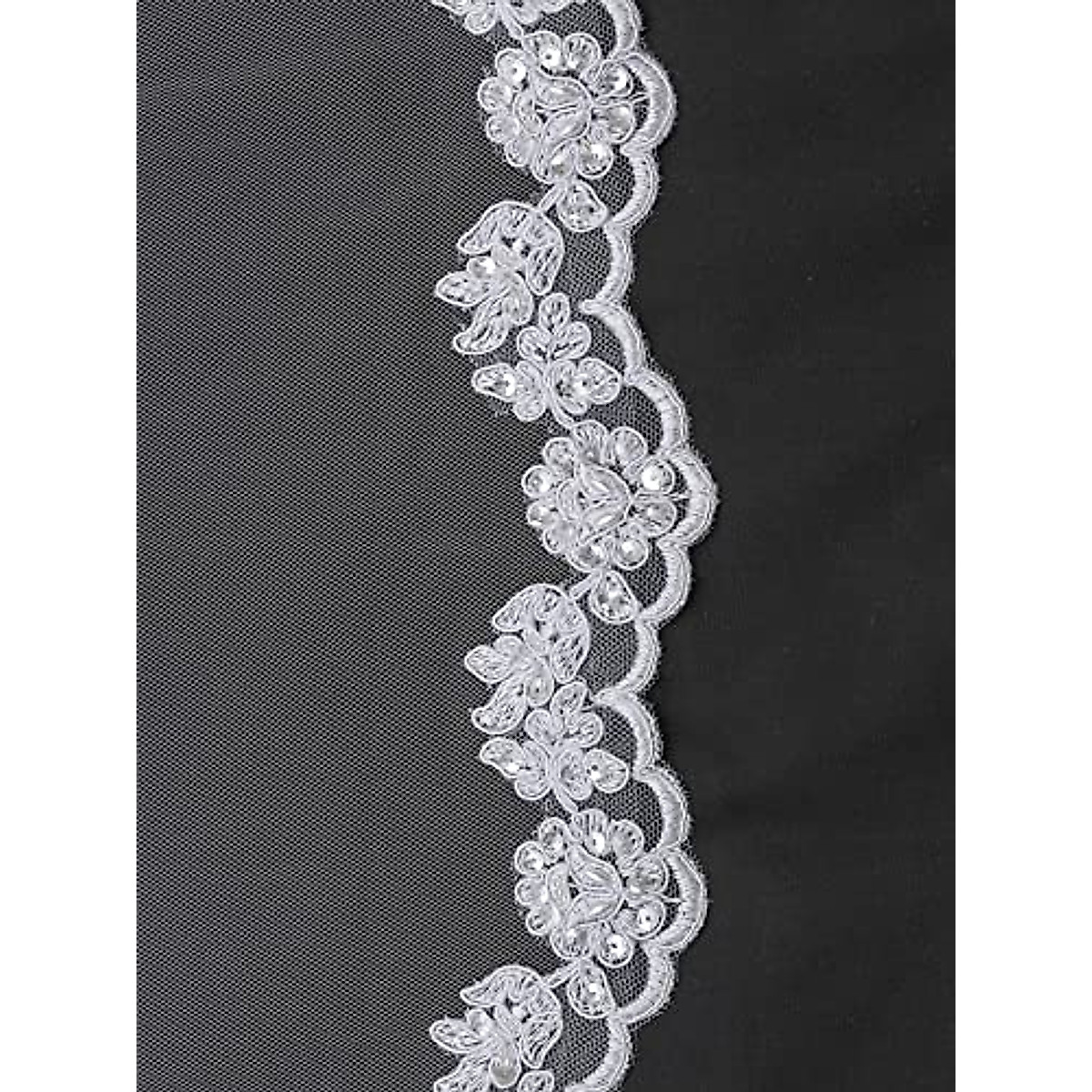 SAMKY 1T 1 Tier Floral Scallop Embroided Lace Pearl Veil - White Fingertip Length 36" V470
