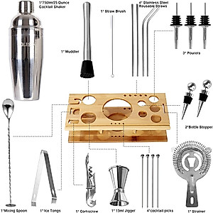 Bartender Kit, 26-Piece Stainless Steel Bartender Kit with Stylish Bamboo Stand Home Cocktail Shaker Set Bar Set with Bar Mixer Best Bar Kit for Beginners
