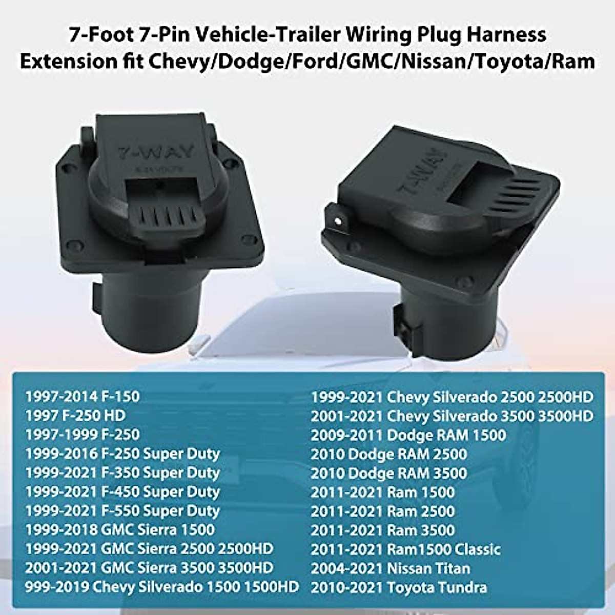 7-Foot 7-Pin Trailer Wiring Harness Extension with Connector, 5Th Wheel 7 Pin Connector, 7-Foot Vehicle-Side Truck Bed 56070 Compactible with Chevy, Dodge, Ford, GMC, Nissan, Ram, Toyota Balck