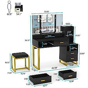PAKASEPT Makeup Vanity with Tri-fold Makeup Mirror, Vanity Desk with 3-Color Adjustable Touch Light, Charging Station, Vanity Table with Nightstand,5 Drawers, Storage Shelves&Cushioned Stool…