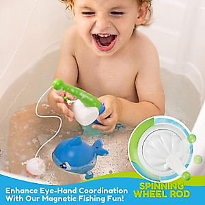 JOYIN Baby Bath Toy Set - Magnetic Fishing Toy with Fishing Rod, Soft Puffer & Clown Fish, Spinning Octopus and Starfish, Wind-up Shark and Turtle - Sensory Development for Infants & Toddler