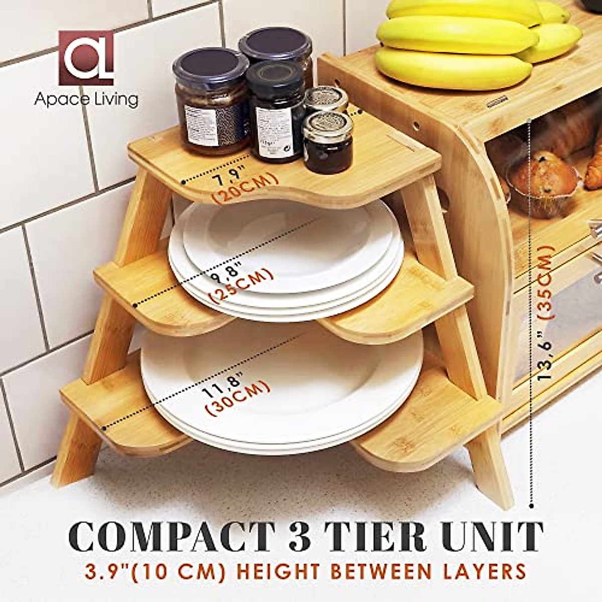 Adorn Stylish Bamboo Kitchen Countertop Organizer Corner Shelf, Space Saving 3-Tier Design for Kitchen Storage, eg Plate Rack, Spice Rack, also Living Room Display Shelves, Office Storage