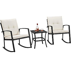 Yaheetech 3-Piece Patio Furniture Set, Outdoor Rocking Chairs Bistro Set, 2 PE Rattan Chairs with Glass Coffee Table Wicker Furniture Set - for Garden Balcony Backyard Poolside