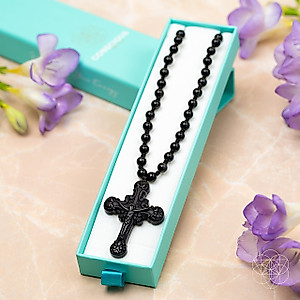 Conscious Items - Black Obsidian Necklace - Sacred Armor: Black Obsidian Cross of Faith and Protection - Pearl Necklace with Cross - Chakra Cross Necklace - Cross Necklace for Men