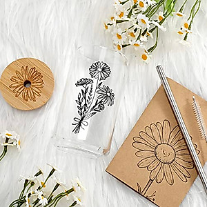 Nefelibata Daisy Iced Coffee Cup Birth Flower Beer Glass Can 16OZ Drinking Cup with Bamboo Lid Metal Straw Cleaning Brush April Birth Flower Spring Floral Decor Birthday Gifts for Mom Mother's Day