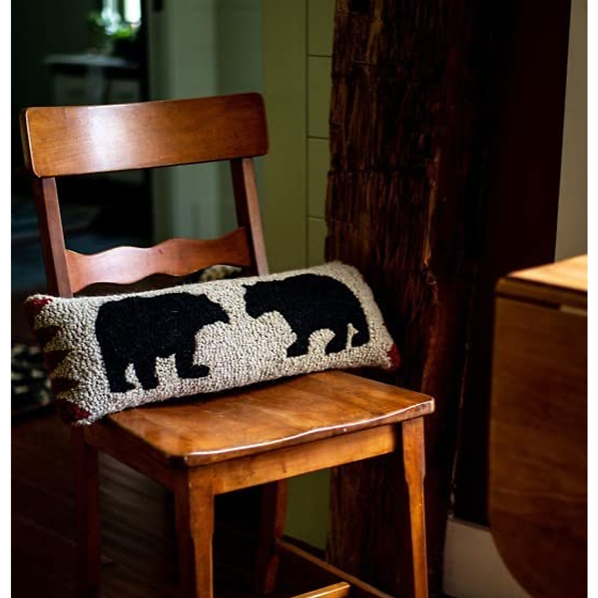 Chandler 4 Corners Artist-Designed Two Black Bears Hand-Hooked Wool Decorative Throw Pillow (8” x 24”) Wildlife Pillow for Couches & Beds - Easy Care Low Maintenance Bear & Wildlife Lumbar Pillow
