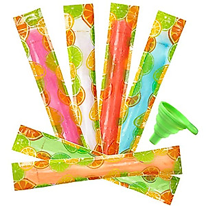 200 Pack Popsicle Bags, Lemon Pattern Ice Pop Bags, 11x2'' Freeze Pop Bags for Kids Adults, Popsicle Molds Bags with Silicone Funnel for DIY Yogurt Tubes, Fruit Smoothies and Summer Ice Party Favors