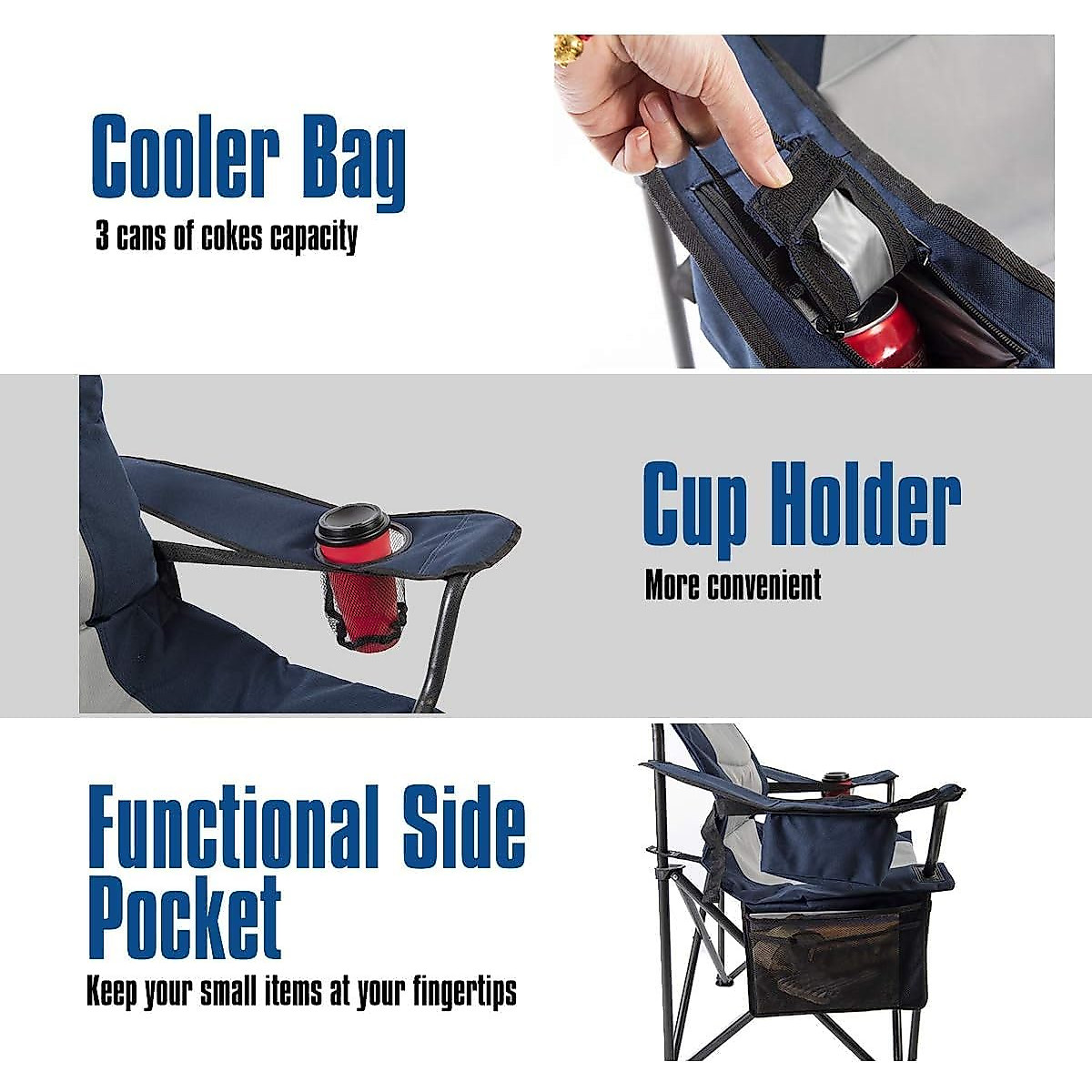 Coastrail Outdoor Camping Chair Oversized Padded Folding Quad Arm Chairs with Lumbar Back Support, Cooler Bag, Cup Holder & Side Pocket, Extra Head Pocket, Supports 400 lbs (Blue, Modern)