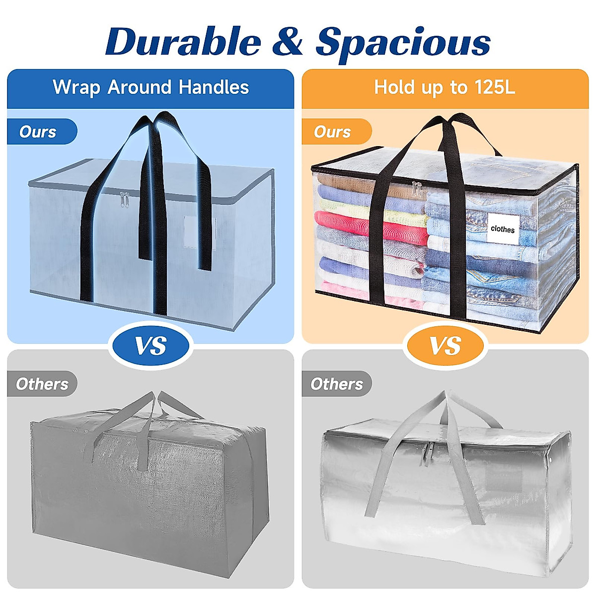 BlissTotes Moving Bags, 8-Pack Storage Bags with Zipper, Moving Bags Heavy Duty Extra Large, Moving Supplies, Clear Packing Bags, Reinforced Handles and Tag Pocket & Collapsible Moving Bags (125L)