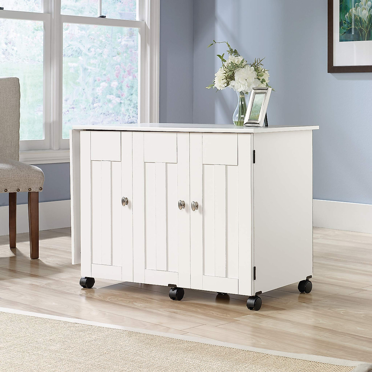 Sauder Folding SewingTable & Craft Cart Storage Cabinet, in Soft White