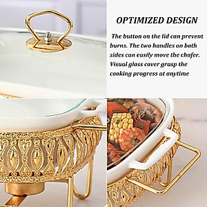 HONHPD 3 Pieces Set Gold Ceramics Chafing Dish Buffet Set, Full Size Chafers and Buffet Warmers W/Glass Lid, Underglaze Rectangle Food Warming Tray for Weddings Party（11inch, 13inch, 15inch）