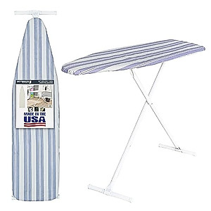 Ironing Board Full Size; Made in USA by Seymour Home Products (Blue Stripe) Bundle Includes Cover + Pad | Iron Board w/Steel T-Legs Adjustable Tabletop up to 36" High; Perforated Top for Steam Flow