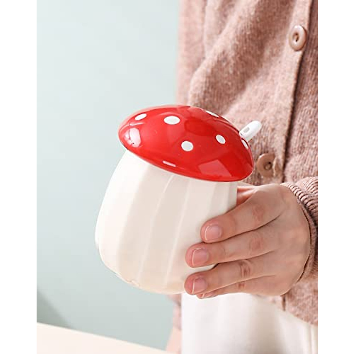 Mozacona Ceramic Mushroom Shape Sugar Bowl Spice Jar Seasoning Pot with Lid Spoon