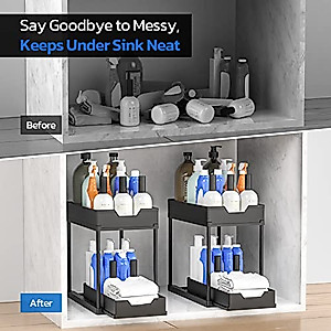 Verdenu Under Sink Organizer, 2 Tier Sliding Drawer Pull Out Organizer and Storage, Under Cabinet Organizer, Bathroom Organizer Under Sink with Hanging Cups and 4 Hooks for Bathroom, Kitchen