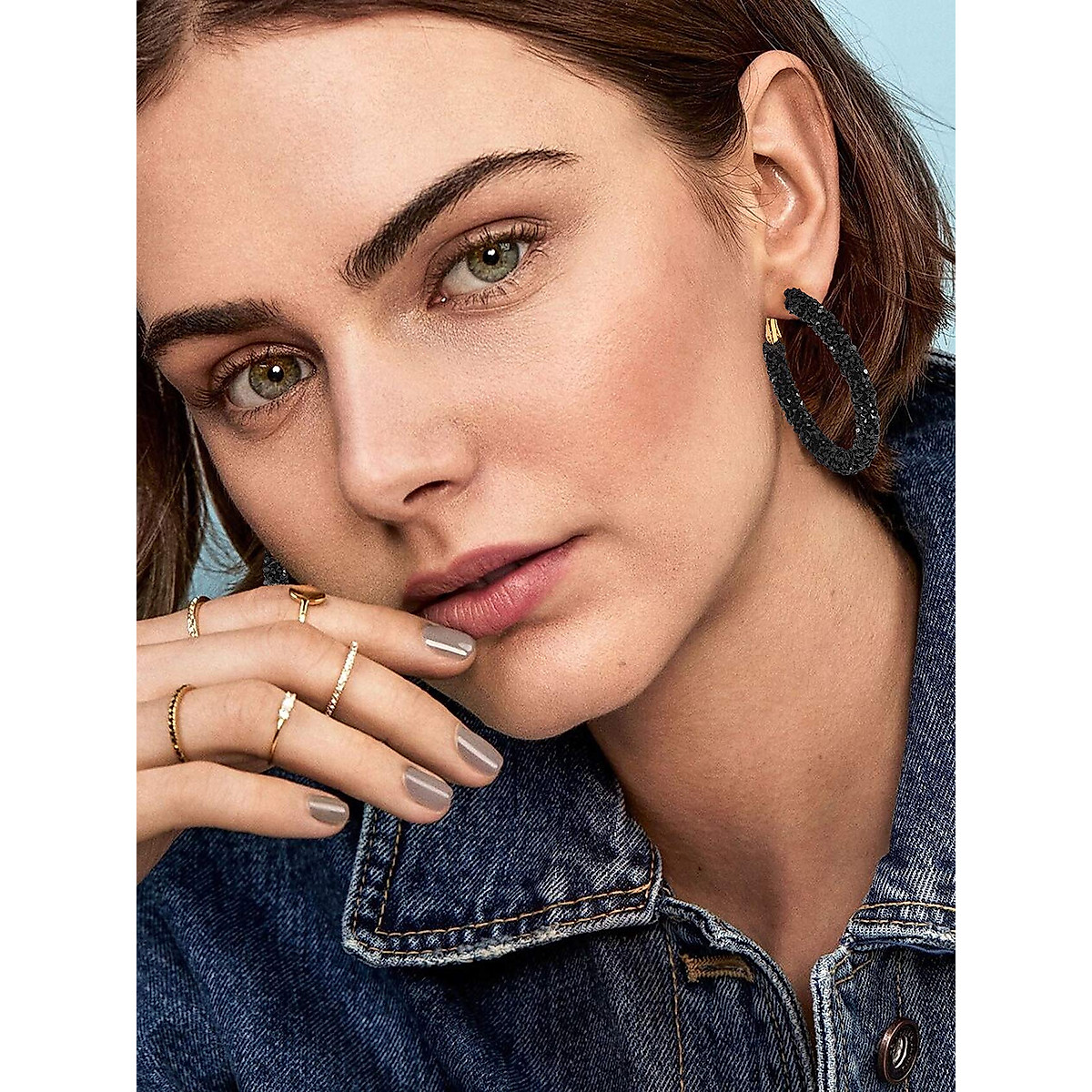 NLCAC Glitter Hoop Earrings Bohemian Sparkle Resin Rhinestone Wrapped Hoop Dangle Earrings for Women Black