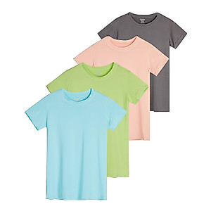 Real Essentials 4 Pack: Girls Short Sleeve Shirts Tees Active Quick Dry Fit Crew Neck T-Shirt Active Athletic Tops Soccer Sports Yoga Young Teen Chica's Kids Zebra Summer Clothes - Set 8, LG (14)