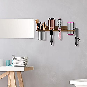 Hair Tool Organizer Wall Mounted - Wooden Hair Dryer Holder, Blow Dryer Holder for Bathroom, Rustic Hair Styling Tools Organizer for Flat Iron, Curling Wand, Hair Straighteners, Brushes, Brown
