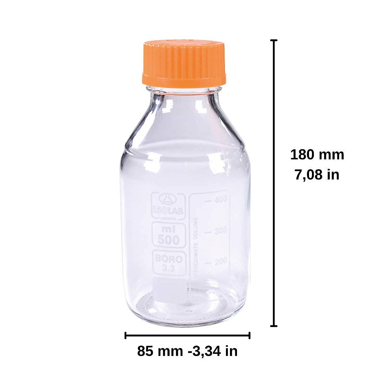 ISOLAB USA – Round Media Storage Bottle, 500ml, with GL 45 Screw Cap, Borosilicate 3.3 Glass, Pack of 2
