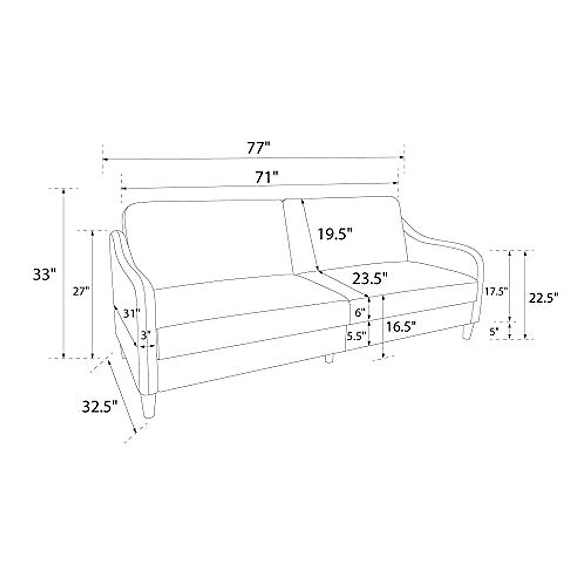DHP Jasper 77 Inch Futon Sofa Bed, Modern Upholstered Couch Sleeper with Sloped Arms, Mustard