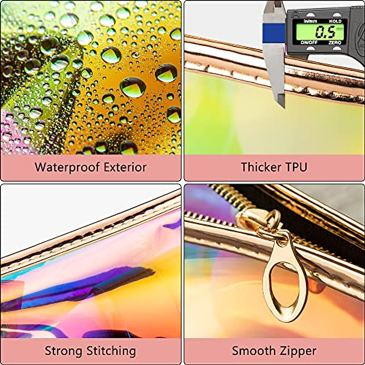 WestonBasics Holographic Iridescent Makeup Pouch | Portable Waterproof Cosmetic Bag Set for Women, Ladies & Bridesmaids | Clear Pouch for Travel, Toiletry | Large Clear Makeup Bags with Zipper