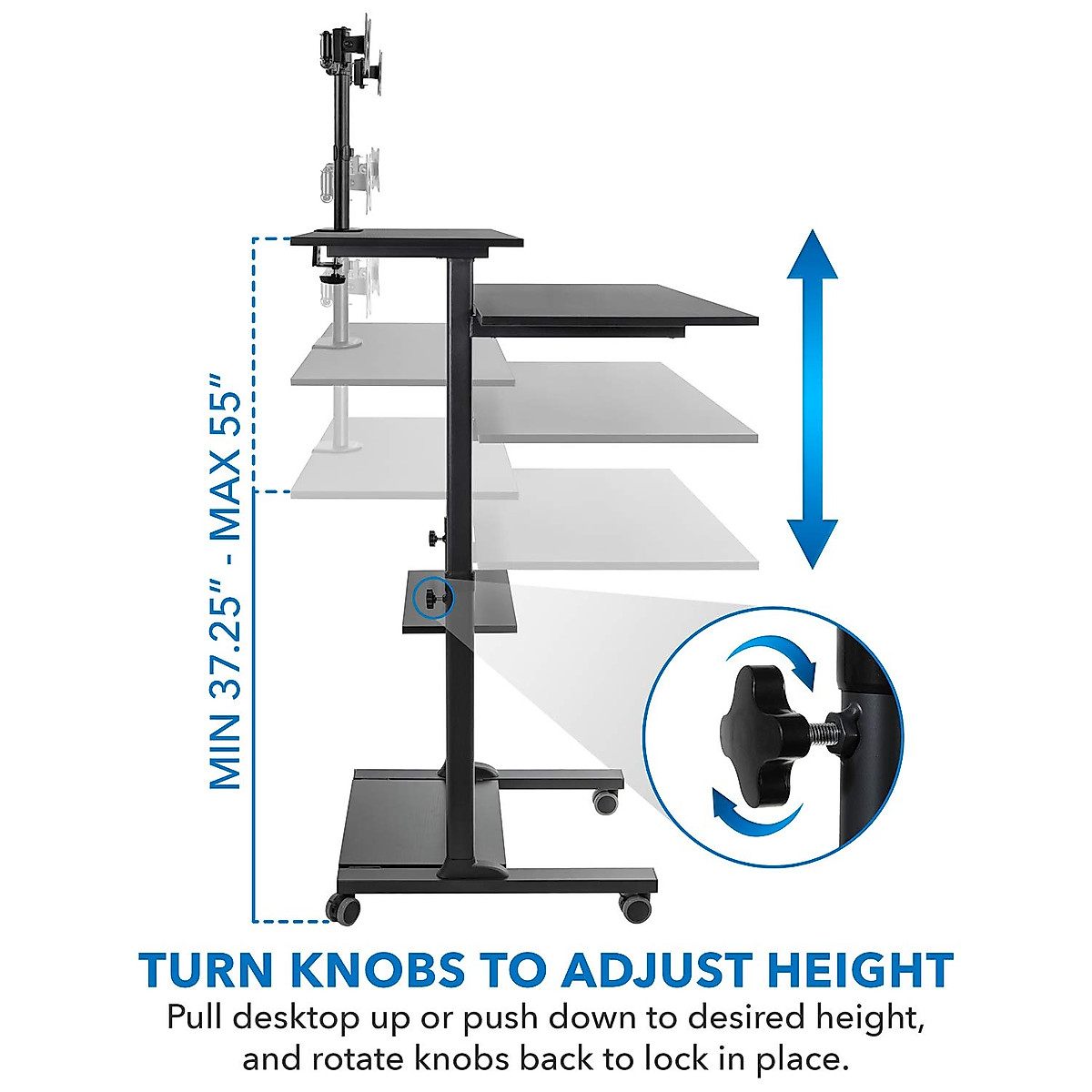 Mount-It! Mobile Computer Cart, Portable Desk on Wheels - 40" Wide Tabletop, Height Adjustable Workstation up to 64" Tall with Dual Monitor Mounts up to 72", Rolling Computer Desk, Screens 27", Black