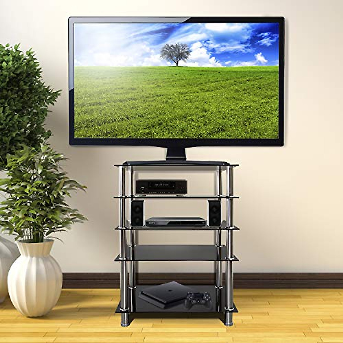 Mount-It! Tempered Glass AV Component Media Stand, Audio Tower and Media Center with 5 Shelves, 220 Lbs Total Capacity, Black Shelves Chrome Legs (MI-8671)