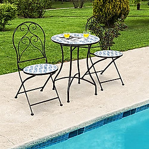 Giantex 3-Piece Patio Bistro Set, Outdoor Dining Set Round Table and 2 Folding Chairs, Mosaic Table with Floral Pattern Metal Frame, Garden Conversation Set for Deck Porch Poolside Yard Lawn