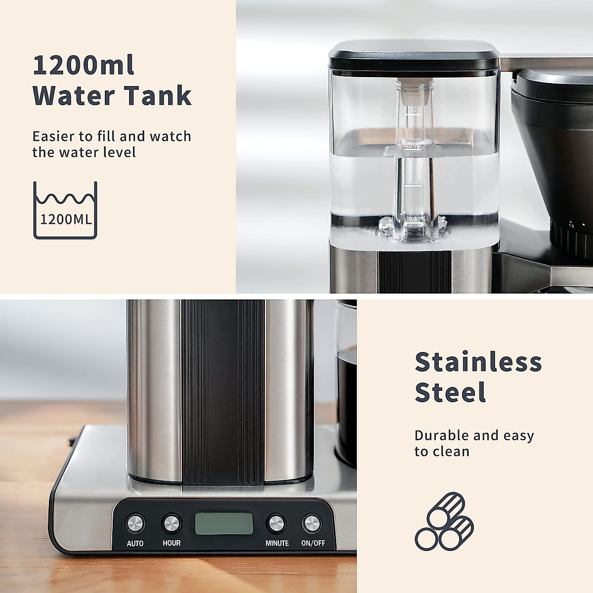 Maestri House Coffee Maker, 8-Cup Drip Coffee Machine with Stainless Steel, One-Touch Brewing and Adjustable Strength, Automatic Start, Glass Carafe and Keep Warm Plate, 1.2L Large Capacity Water Tank