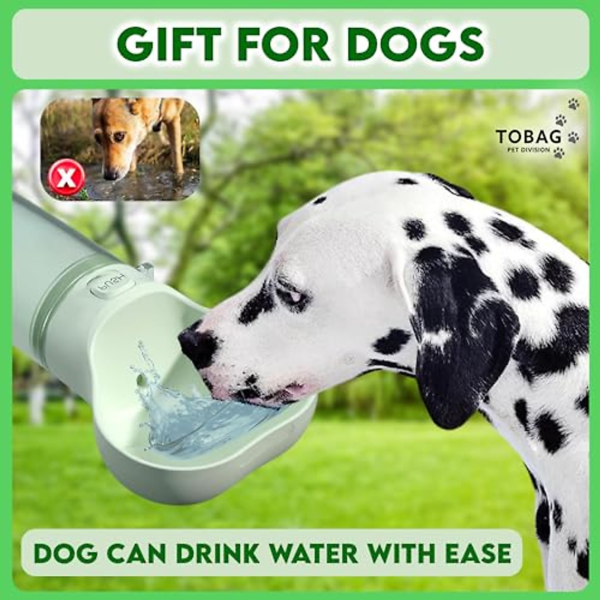 Dog Water Bottle Portable - Leak Proof Dog Travel Water Bottle for Outdoor Walking and Hiking - Dog Water Bottle Dispenser with Two Poop Bags - Green Water Bottle for Dogs with Bowl (10oz)